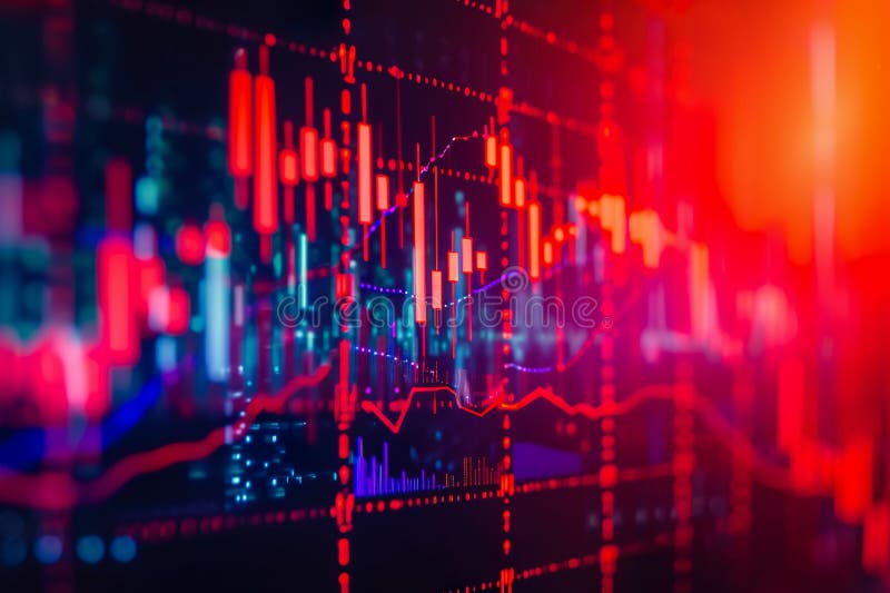 Candlestick Stock Chart with a Red Background and a Blue Line. Stock ...