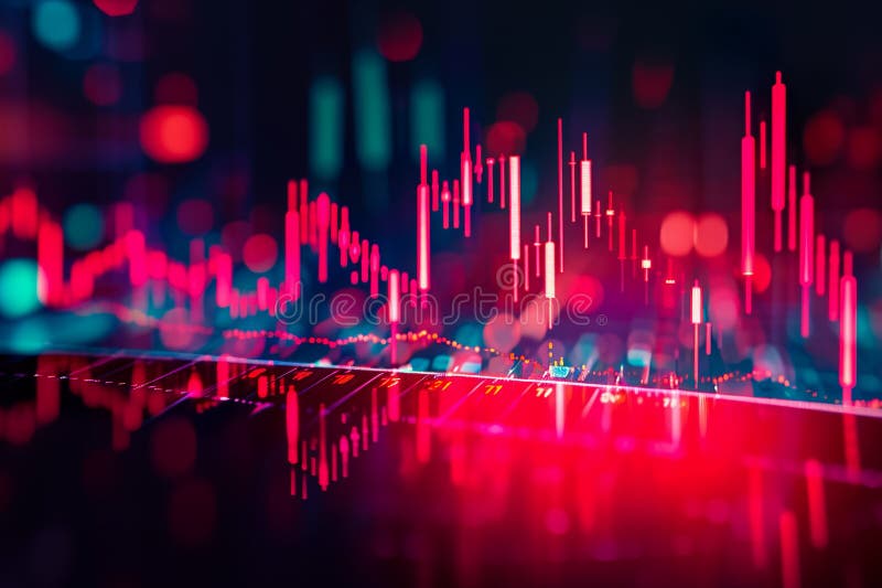 Candlestick Stock Chart with a Red Background and a Blue Line. Stock ...