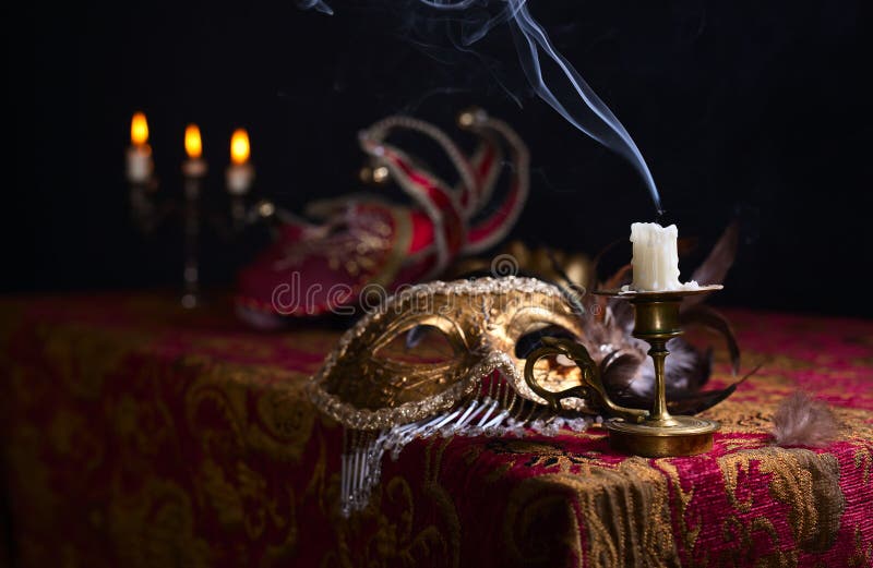 Candlestick and Venetian Mask Stock Image - Image of fire, yellow: 70172341