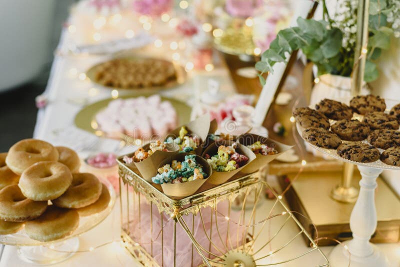 Candy Bar Beautifully Decorated with Sweets in a Vintage Event Stock ...