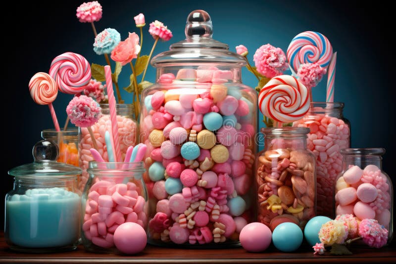 Candy Bar. Colorful Sweets in Glass Jars on the Table at the Party ...