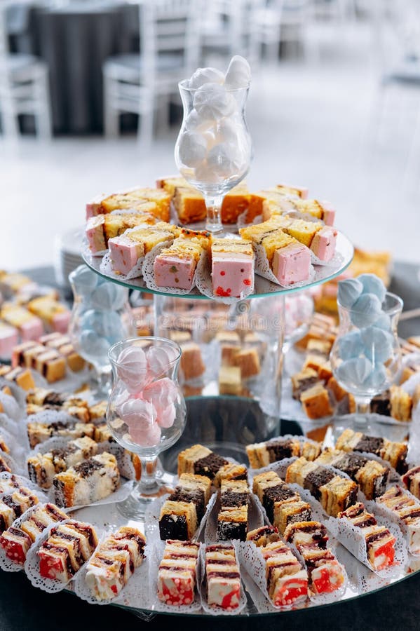 Candy Bar with Different Sweets and Desserts on a Wedding Party Stock ...