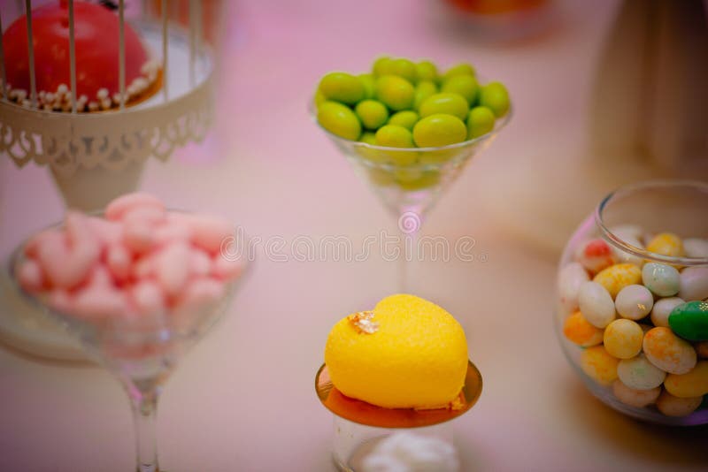Table with Sweets, Candies Dessert. Candy Bar. Stock Photo - Image of ...