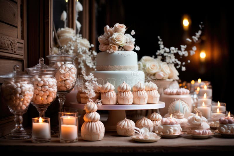 Candy Bar and Wedding Cake. Table with Sweets, Buffet Stock ...