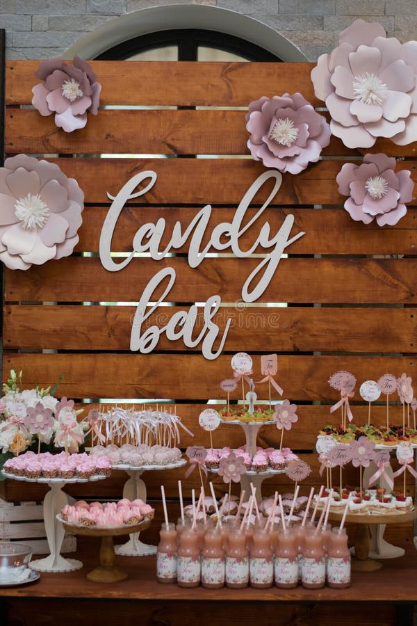 Candy Bar at the Wedding Reception. Wooden Inscription. Letters. Rustic ...