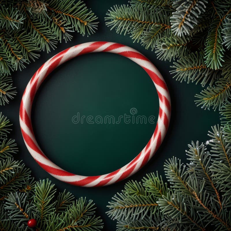A Candy Cane Frame Rests on a Dark Green Background Surrounded by Fresh ...