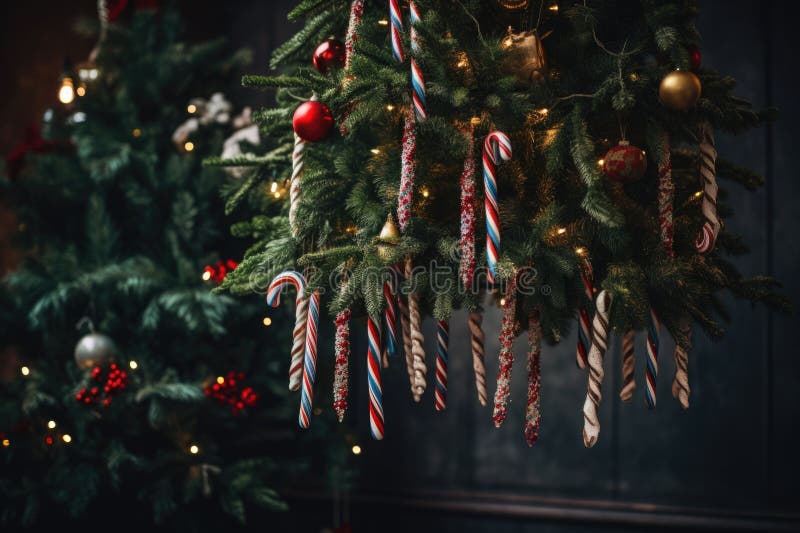 Candy Canes Hanging on the Branches of a Faux Christmas Tree Stock ...