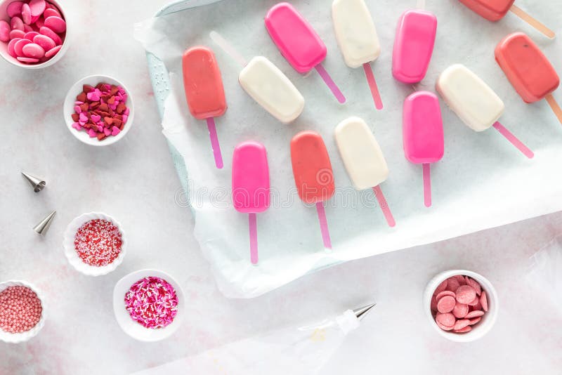 Candy Coated Cakesicles Ready for Decorating with Sprinkles. Stock ...