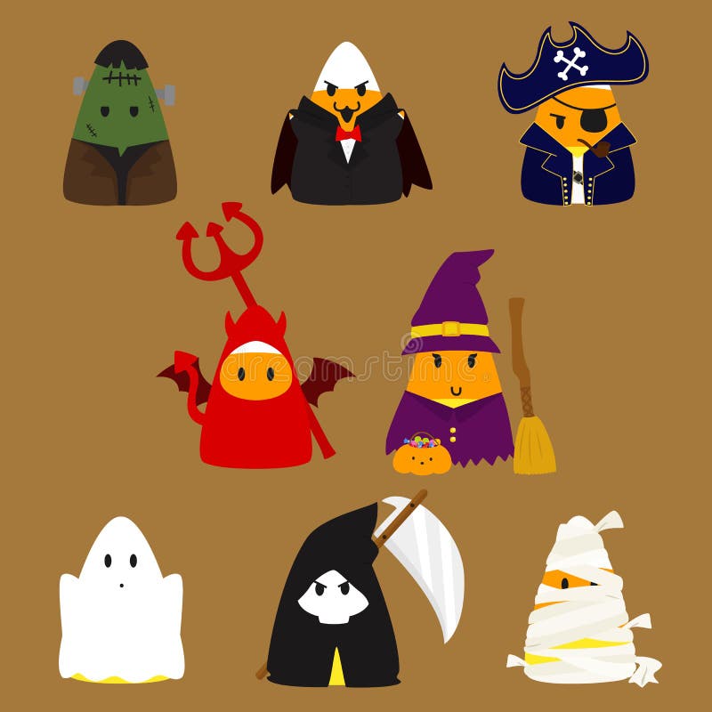 Candy Corn in Different Costumes Set. with, Dracula, Mummy, Ghost and ...