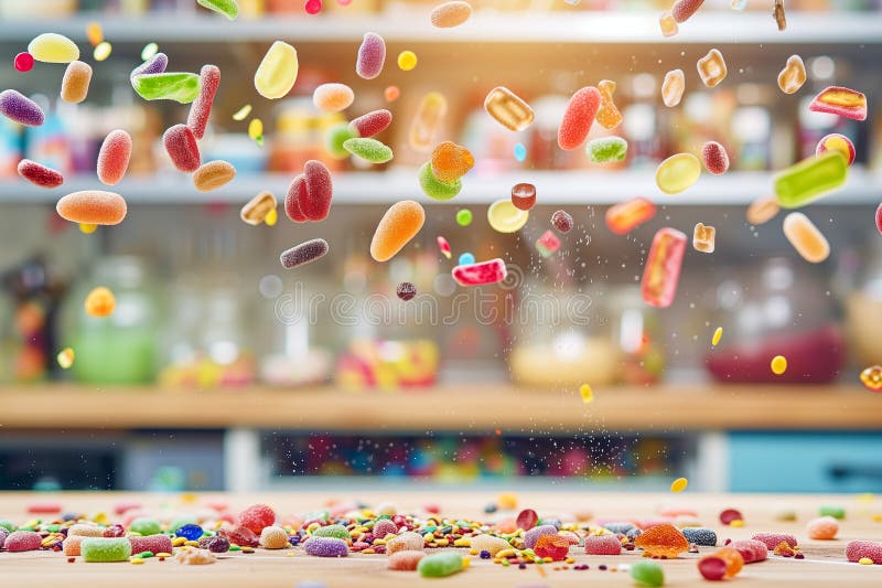 Candy is Falling on a Table in Front of a Shelf Stock Image - Image of ...