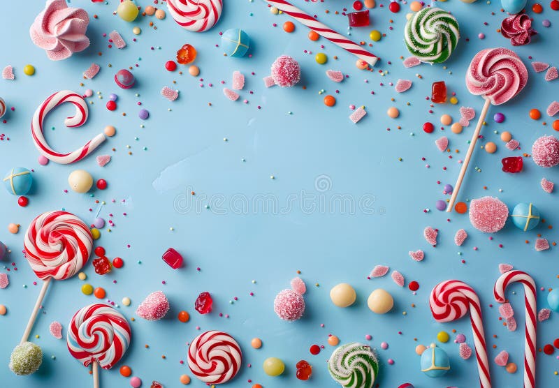 Colorful Candy Frame with Lollipops on Blue Background Stock ...
