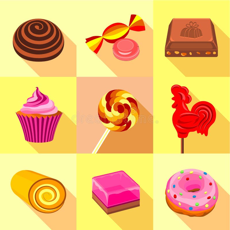 Candy Icons Set, Flat Style Stock Vector - Illustration of collection ...