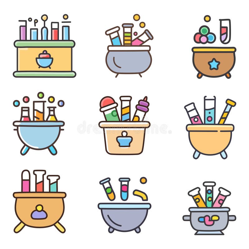 Colorful Cartoon Illustration of Science Experiments in Pots and Racks ...