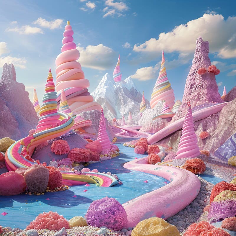 Candy Land Fantasy a Surreal Landscape with a Candy Volcano Stock ...