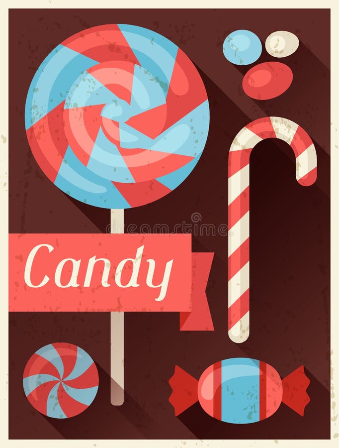 Candy Retro Poster Background Design in Flat Style Stock Vector ...