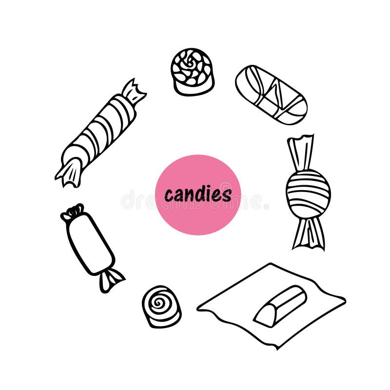 Candy Set Hand Drawn in Doodle Style. Elements Scandinavian Monochrome ...