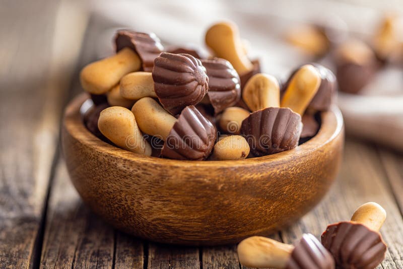 Candy in the Shape of a Mushroom. Chocolate Mushrooms in Bowl on Wooden ...
