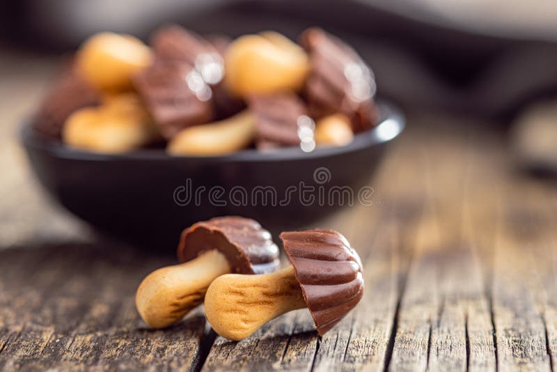 Candy in the Shape of a Mushroom. Chocolate Mushrooms on Wooden Table ...