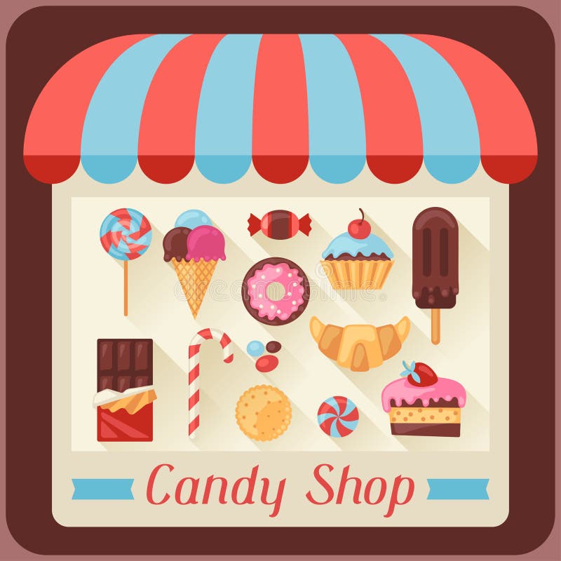 Candy Shop Background with Candy, Sweets and Cakes Stock Vector ...