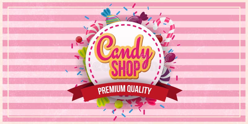 Candy Shop Banner with Sweets on the Wooden Background. Stock Vector ...