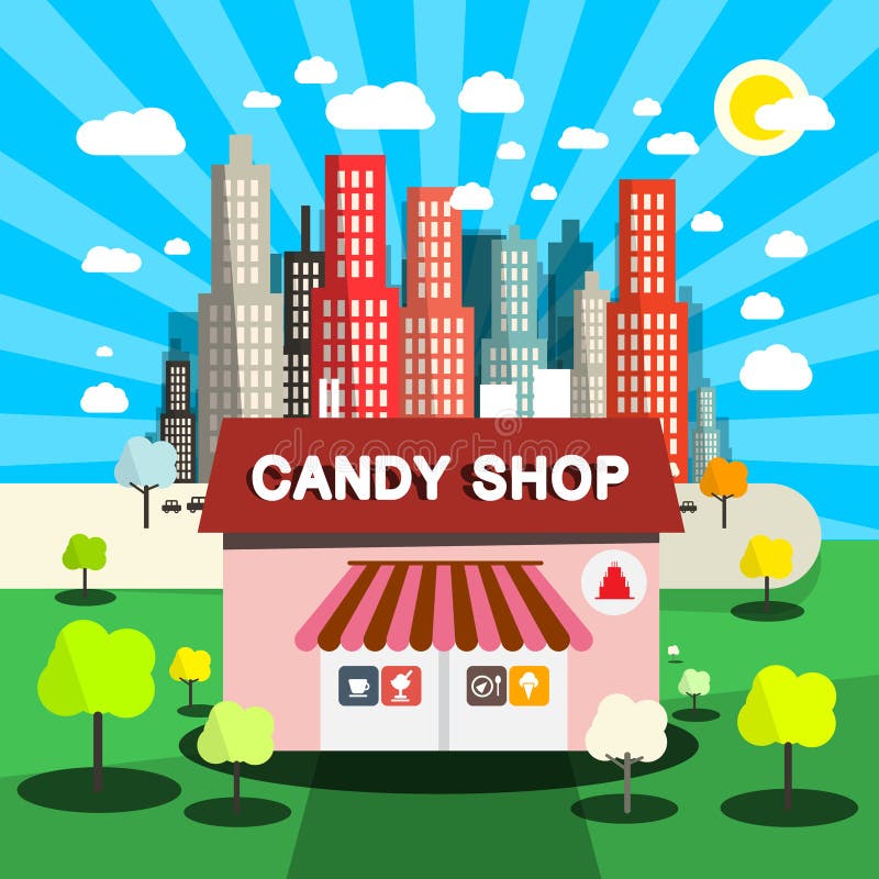 Candy Store Vector Pink Cartoon. Stock Vector - Illustration of bright ...