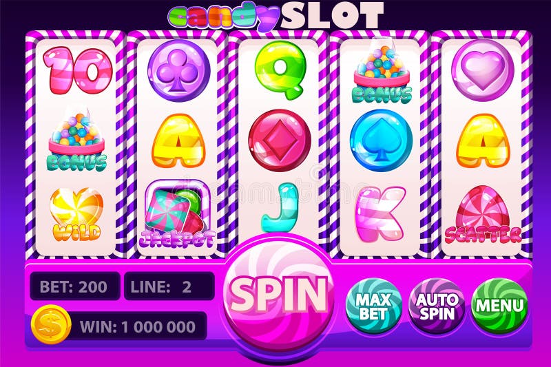 Candy Slot UI with Set of Slot Symbols. UI Game Slot Machine with Buttons and Symbols on the ...