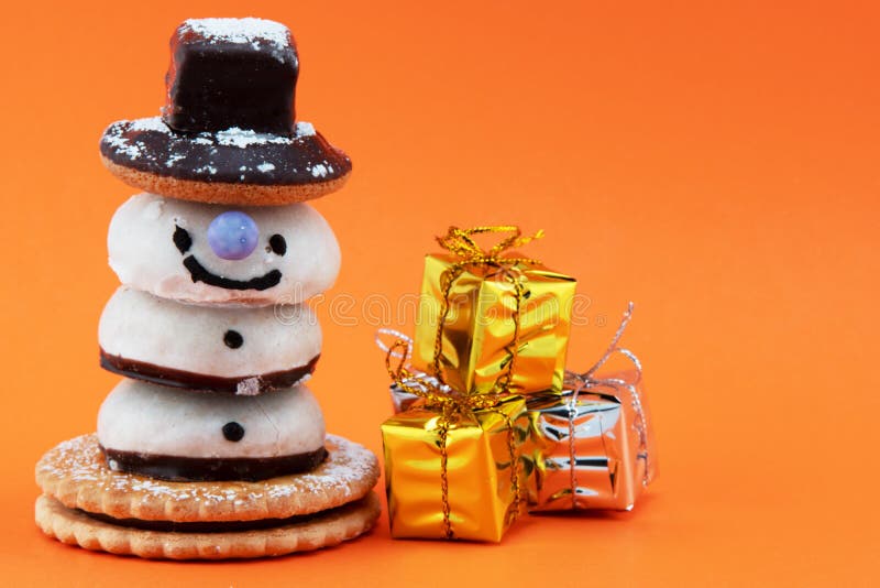 Candy Snowman and a Stack of Present Boxes Stock Photo - Image of cake ...