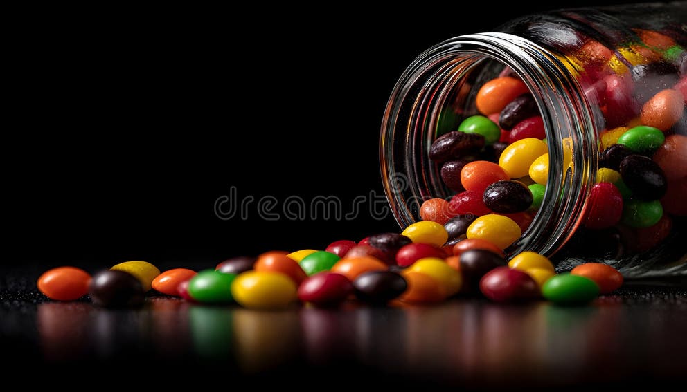 Candy Spilling from a Vintage Jar on a Reflective Surface Under Soft ...