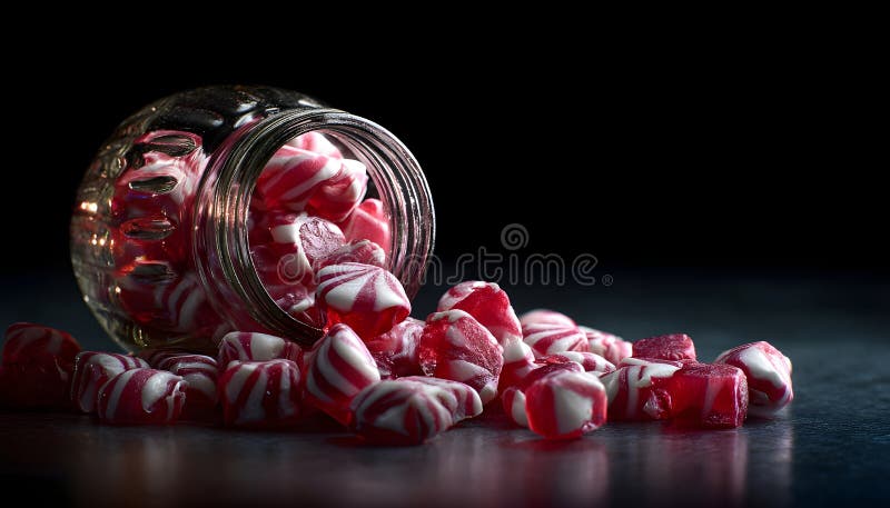 Candy Spilling from a Vintage Jar on a Reflective Surface Under Soft ...