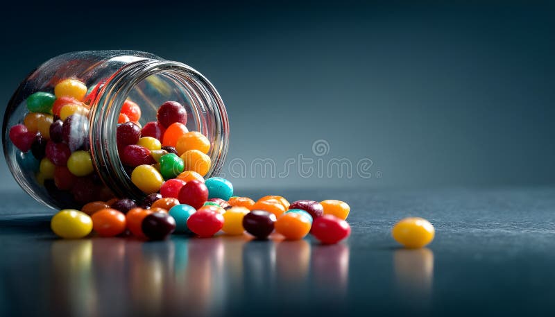 Candy Spilling from a Vintage Jar on a Reflective Surface Under Soft ...