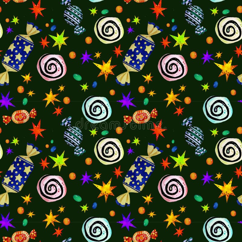 Candy and Stars on a Black Background. Watercolor Illustration, Pattern ...