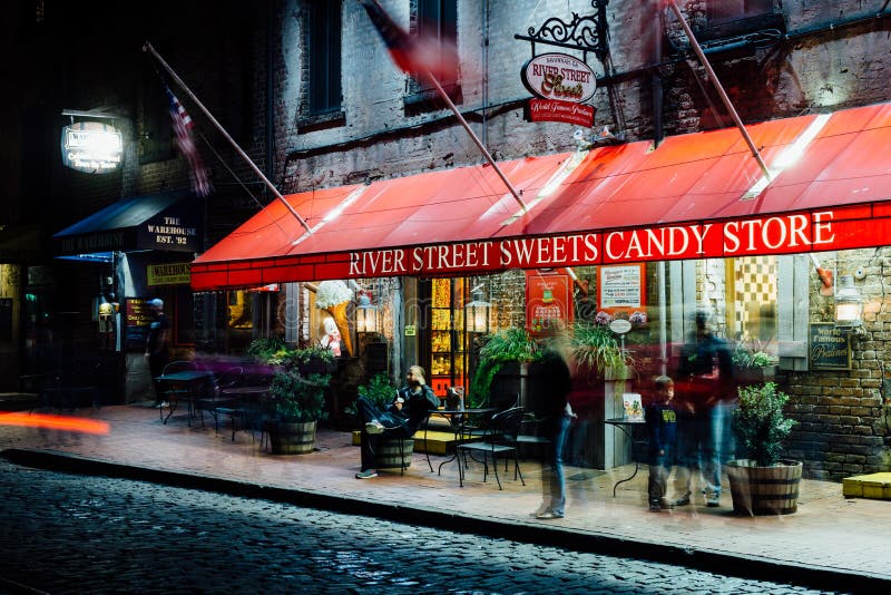 Candy Store on River Street at Night, in Savannah, Georgia Editorial ...