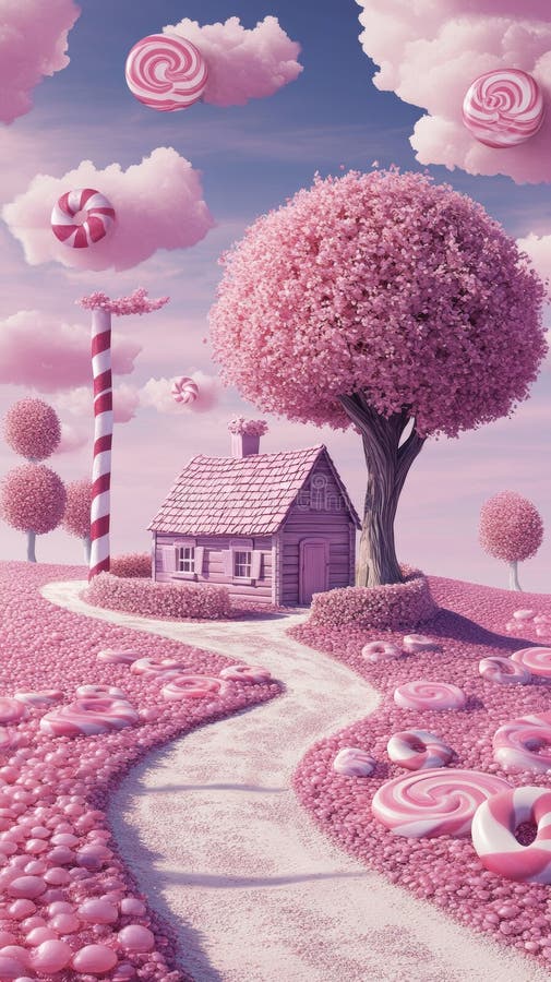 A Candyland Cottage Hidden Beneath a Twisting Candy Tree Stock Image ...