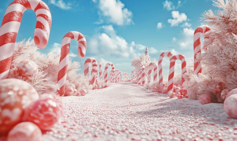 Candyland Pathway with Candy Canes, Pink and White Colors, Fluffy Trees ...