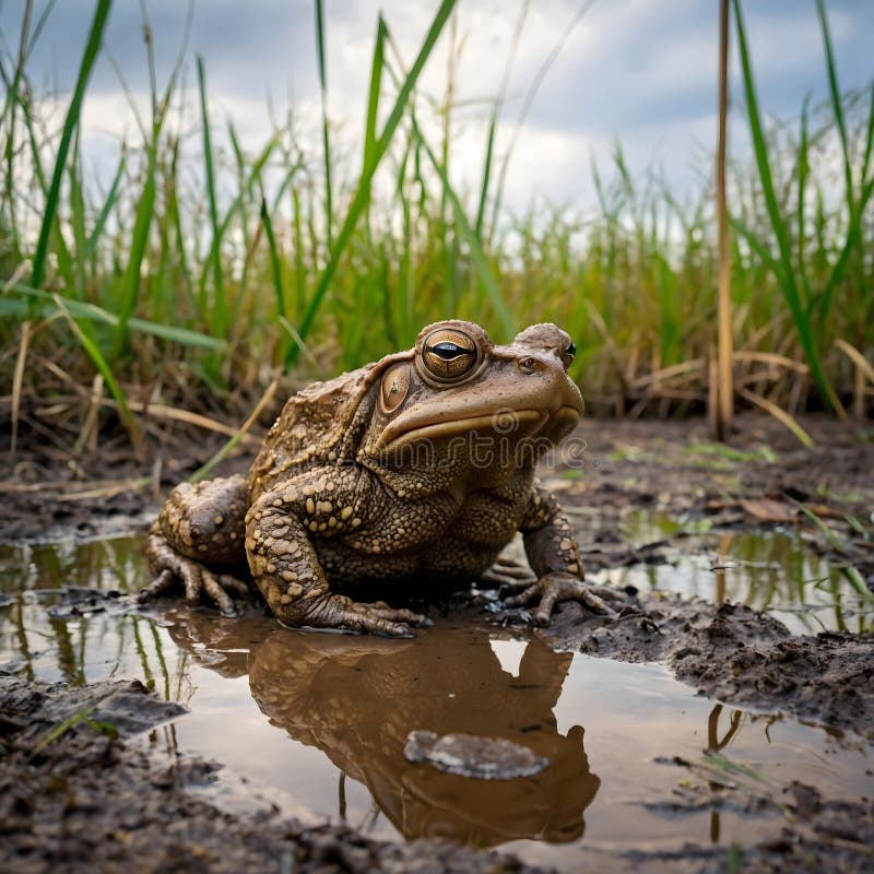 Cane Toad Resting on Muddy Riverbank among Grasses and Reeds Stock ...