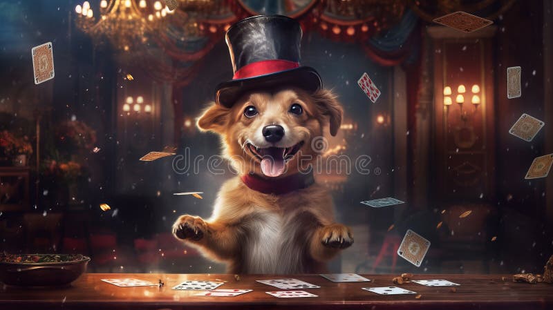 A Canine Gambler in a Top Hat Playing Cards at a Table. Generative Ai ...