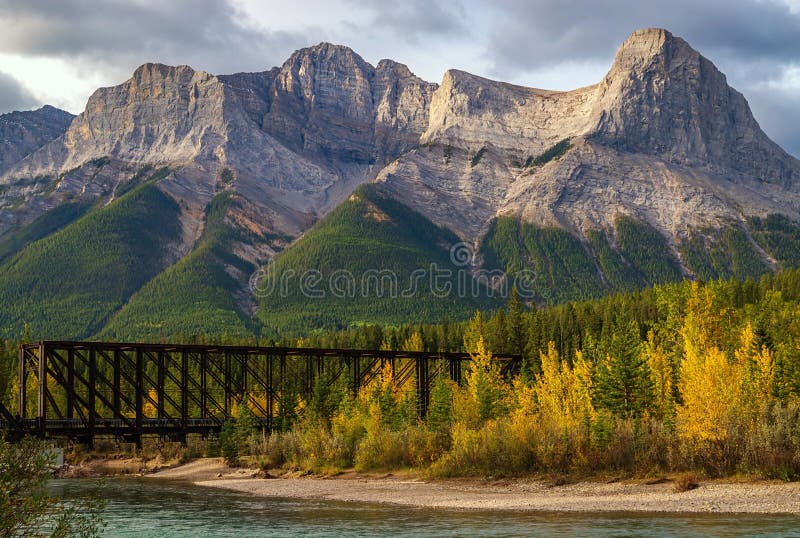 Canmore Mountains in a Fall River Valley Stock Image - Image of autumn ...