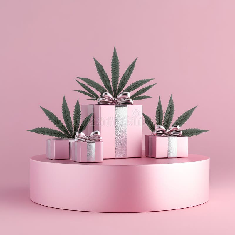 Cannabis Leaves and Gift Boxes on Pink Background. 3d Rendering Stock ...