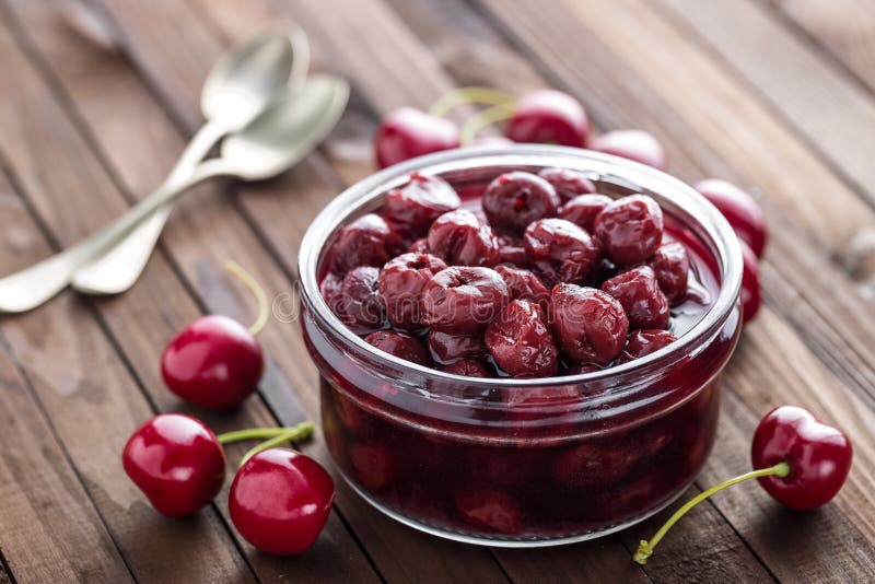 Canned Berries Cherry with Syrup in a Glass Jar Stock Image - Image of ...