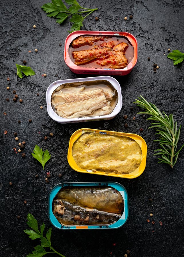 Canned Fish with Different Assortment Types of Seafood on Rustic Stone ...