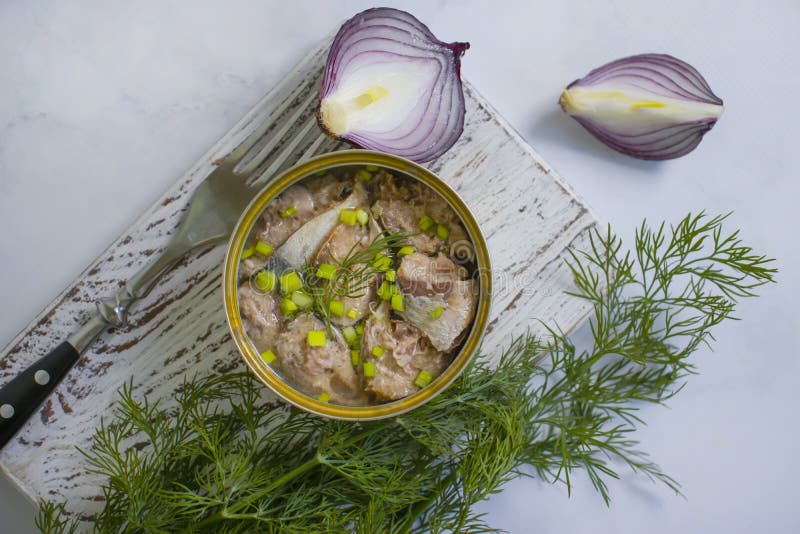 Canned Fish in a Jar, Dill Meat on a Wooden Background Stock Photo ...