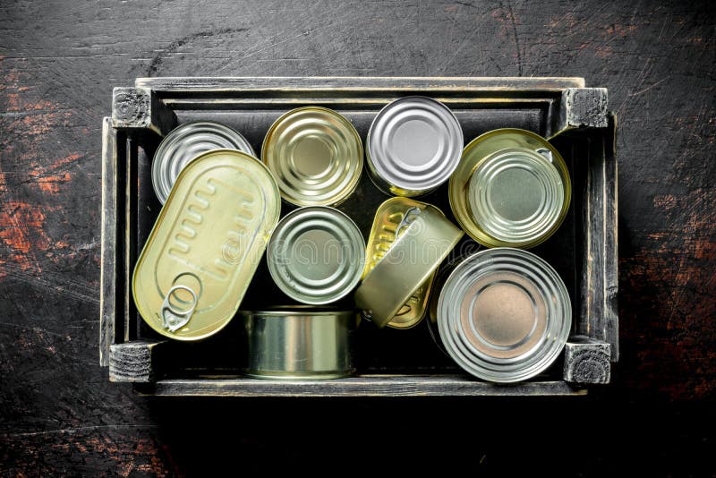 Canned Food in Closed Cans in a Box Stock Photo - Image of steel, store ...