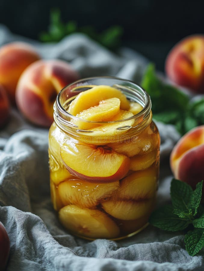 Canned Peaches in a Glass Jar Surrounded by Fresh Peaches. Stock Image ...