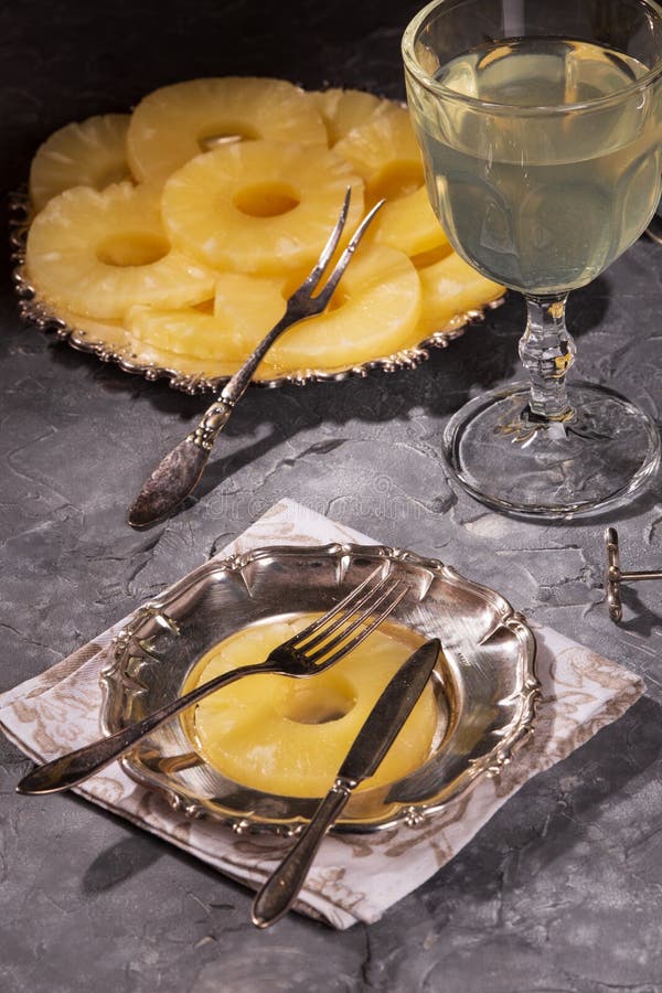 Canned Pineapple, Cut into Rings on a Metal Plate Stock Image - Image ...