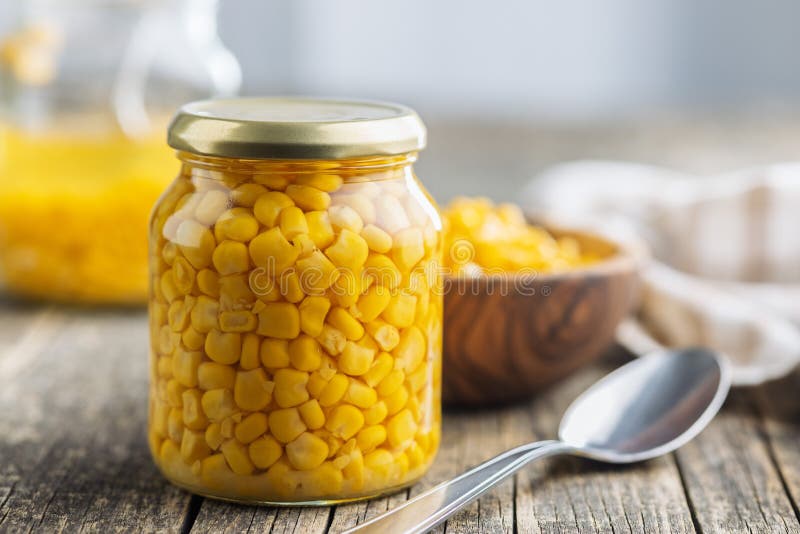 Canned Sweet Corn in Jar on Wooden Table Stock Image - Image of healthy ...