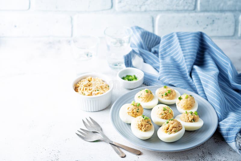 Canned Tuna Deviled Eggs with Scallion Stock Image - Image of snack ...