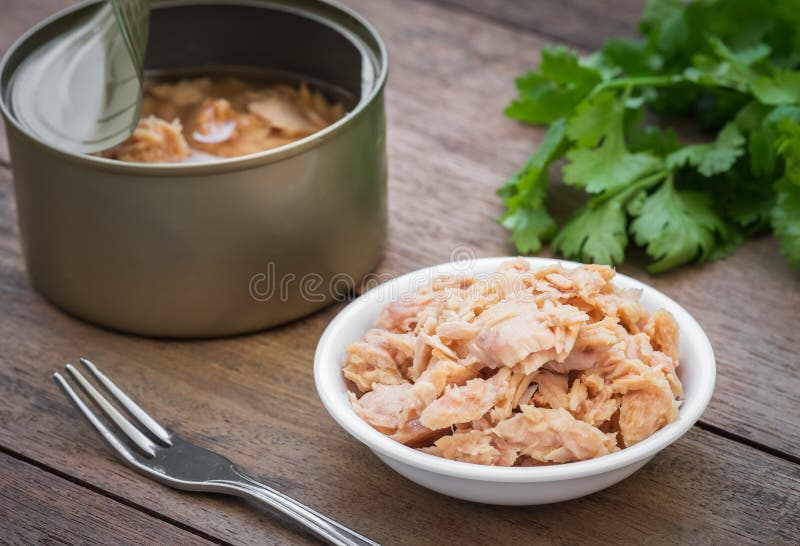 Canned tuna fish in bowl stock photo. Image of green - 58170466