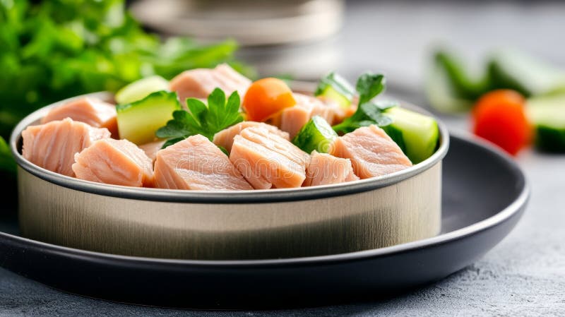 Canned Tuna is Presented on a Plate with Chunks of Fish, Fresh Greens ...
