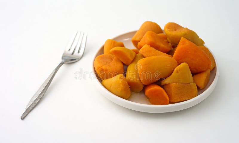 Canned Yams on Plate with Fork Stock Photo - Image of silverware, yams ...