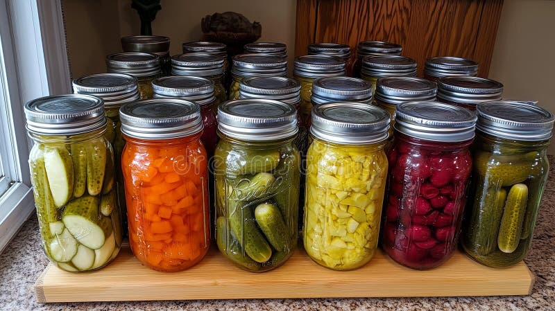 Canning Station with Jars of Pickled Vegetables . Stock Photo - Image ...